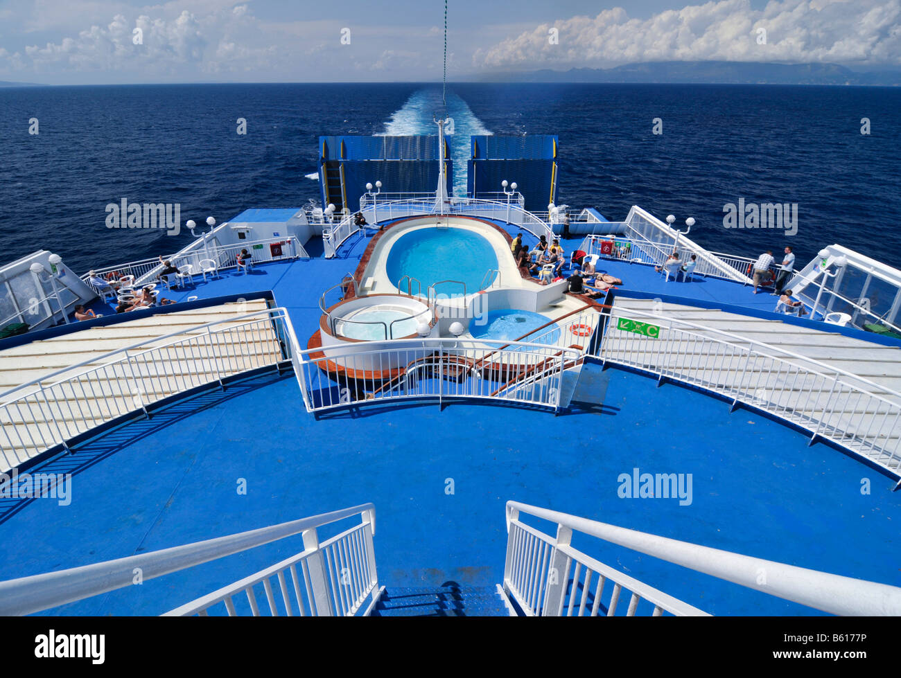 Swimming pool on the sun deck of a car ferry, sailing between Italy and ...
