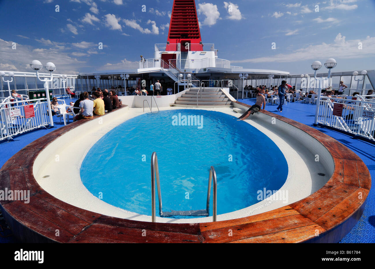 Swimming pool on the sun deck of a car ferry sailing between Italy and ...