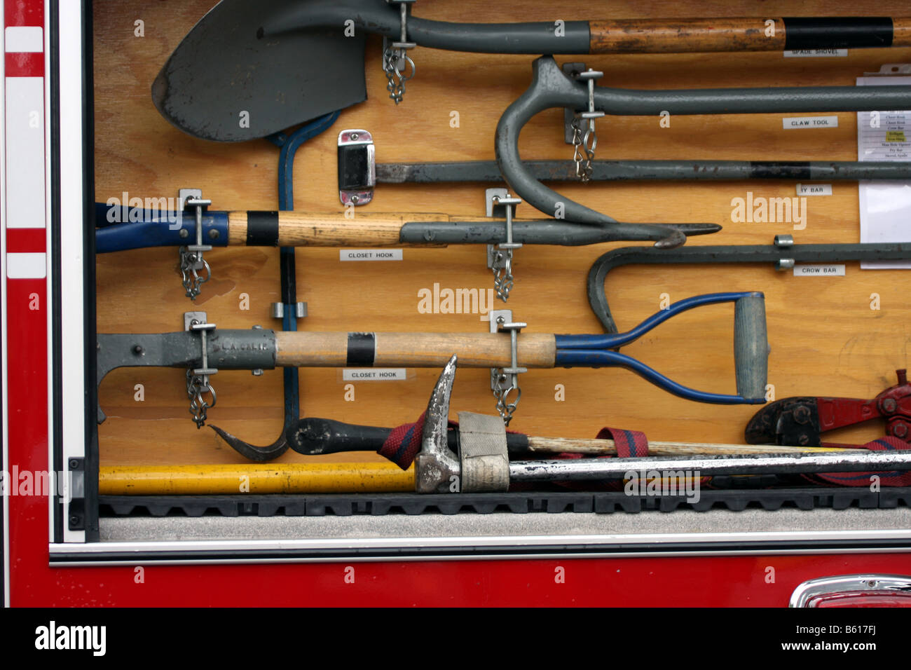 Tools on a fire truck in the capartment Stock Photo - Alamy