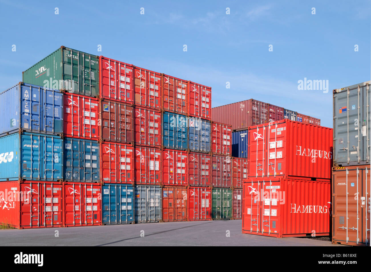 View in a container terminal, various overseas containers stacked in ...