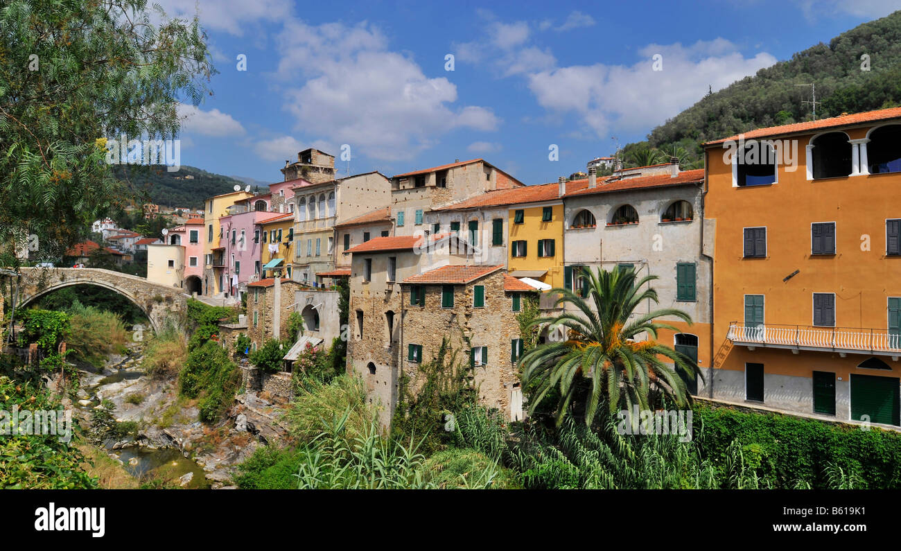 Dolcedo with the Ponte Grande Bridge over the Prino River, Riviera dei ...