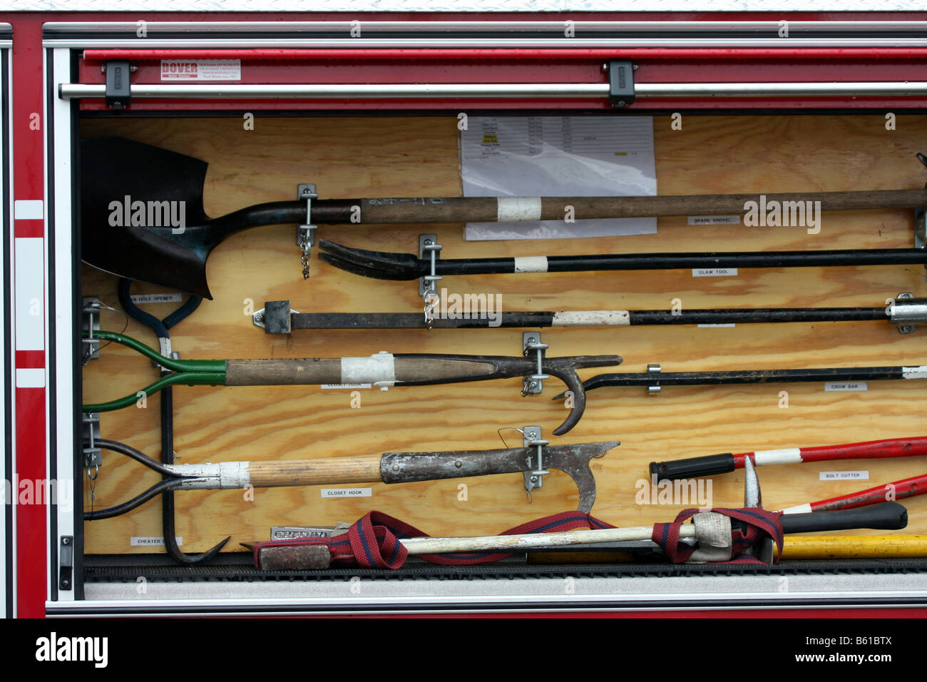 Tools on a fire truck Stock Photo - Alamy