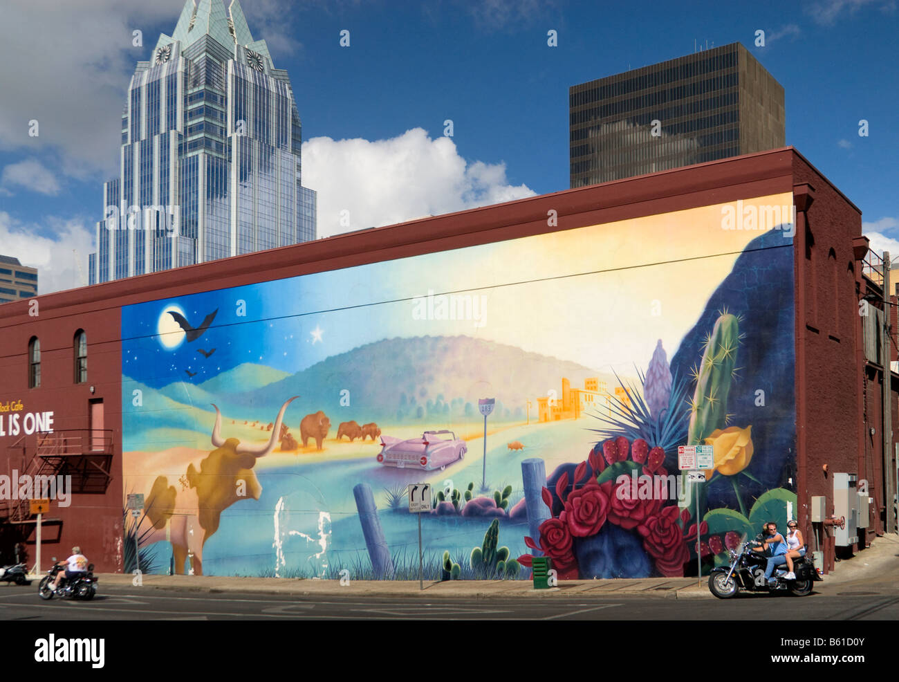 Longhorn Cadillac mural at Hard Rock Cafe Sixth Street Frost Bank Tower ...