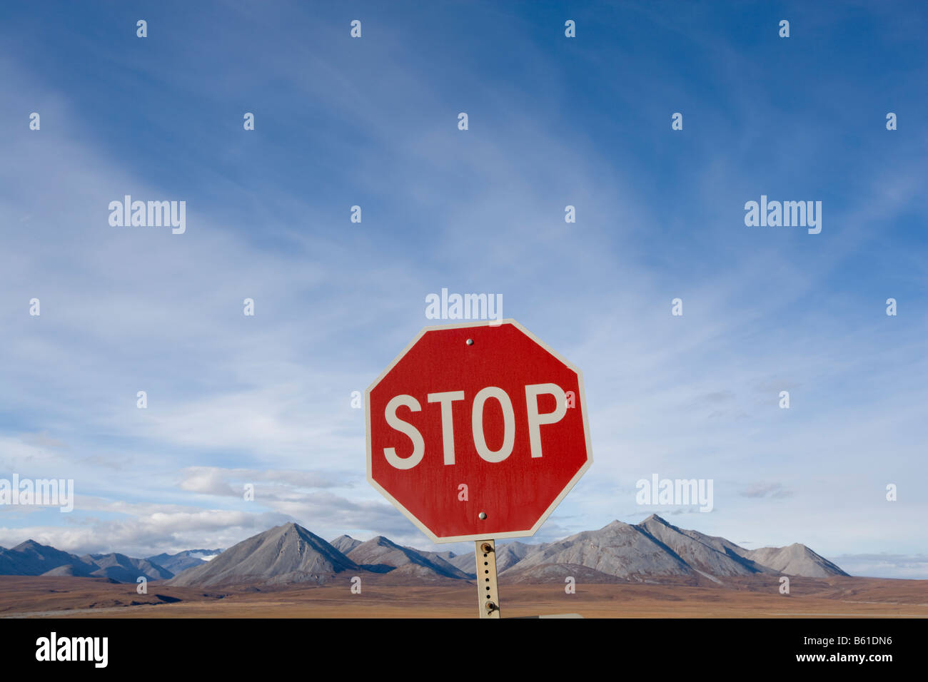 USA Alaska Stop sign along Dalton Highway in Brooks Range near Atigun ...