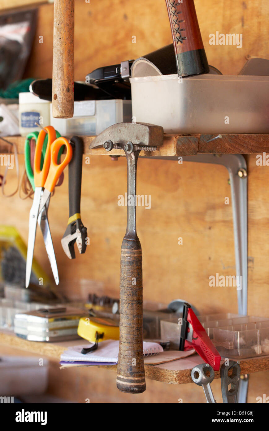 Tools hanging on a bench Stock Photo - Alamy