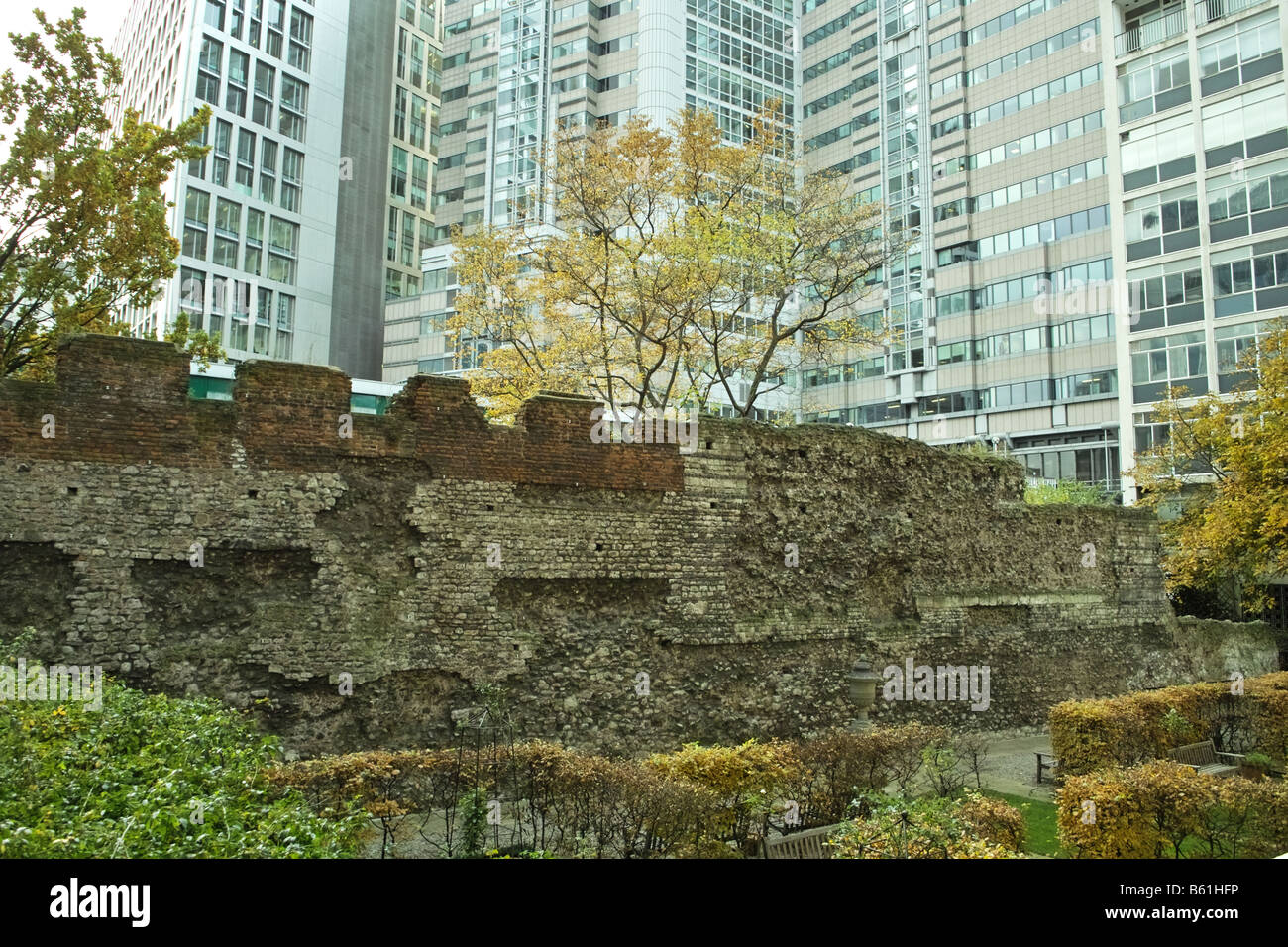 London Wall in Barbican, London England UK, remnants of old Roman wall ...