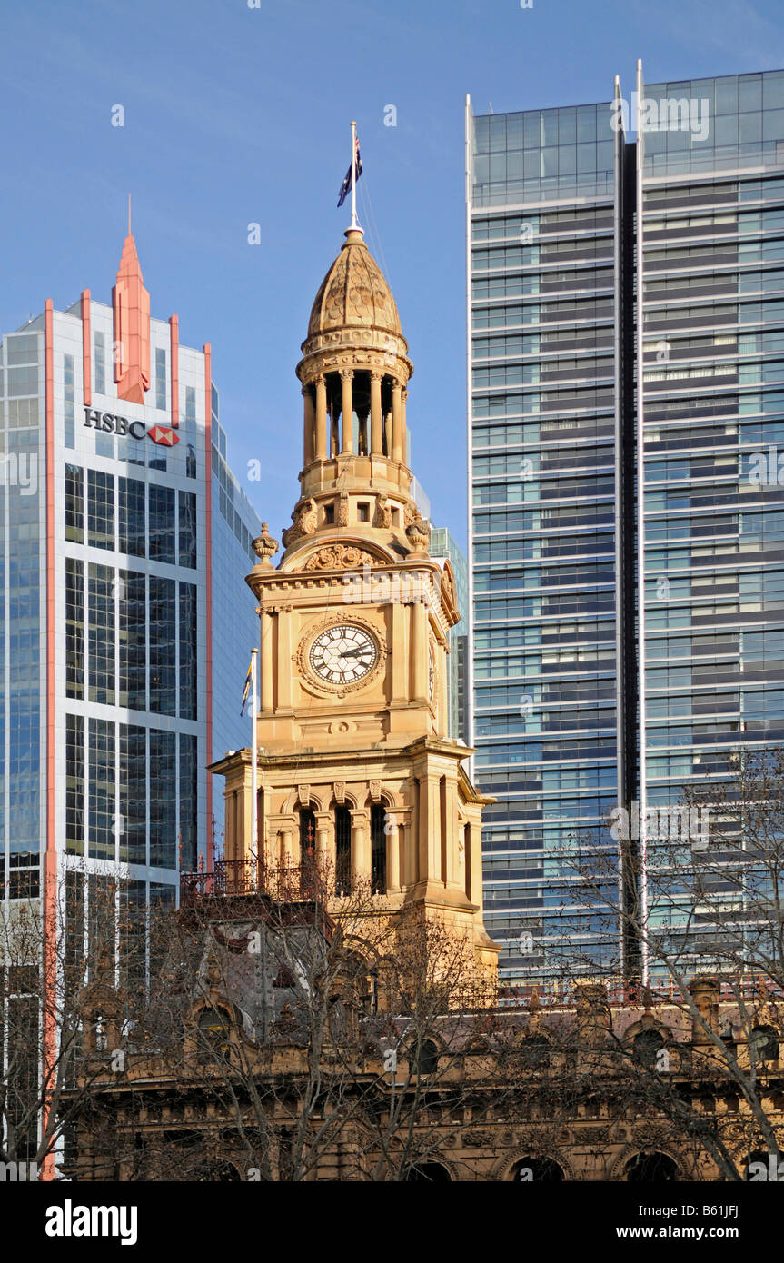 Victorian tower of the old Town Hall in front of skyscrapers, Sydney ...
