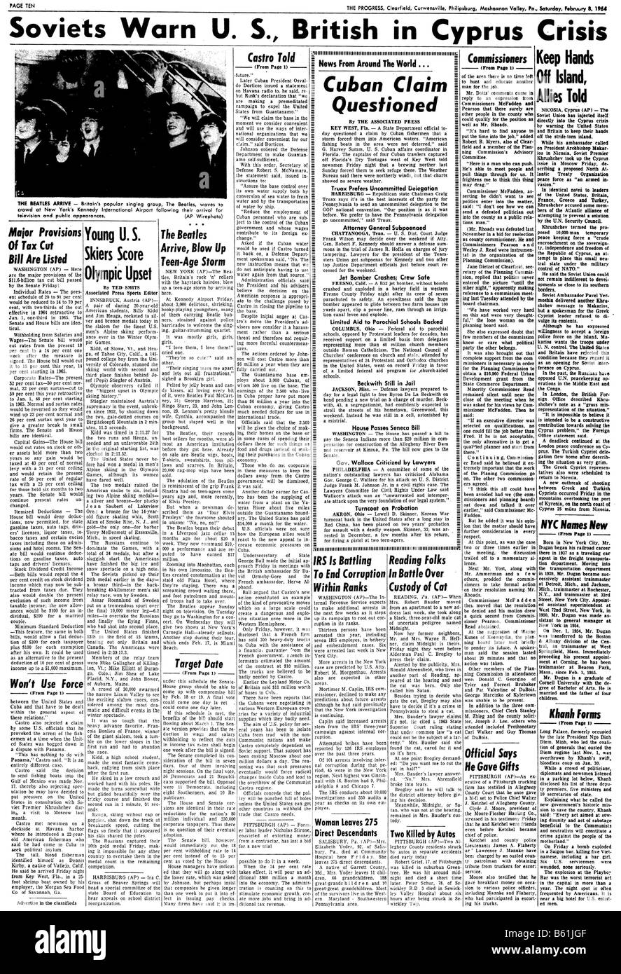 Page of a 1964 US Newspaper telling of the Beatles arriving in the USA ...