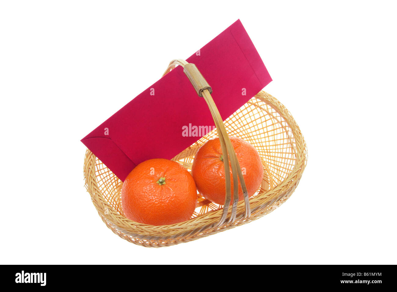 Mandarins and Red Packet in Basket Stock Photo - Alamy