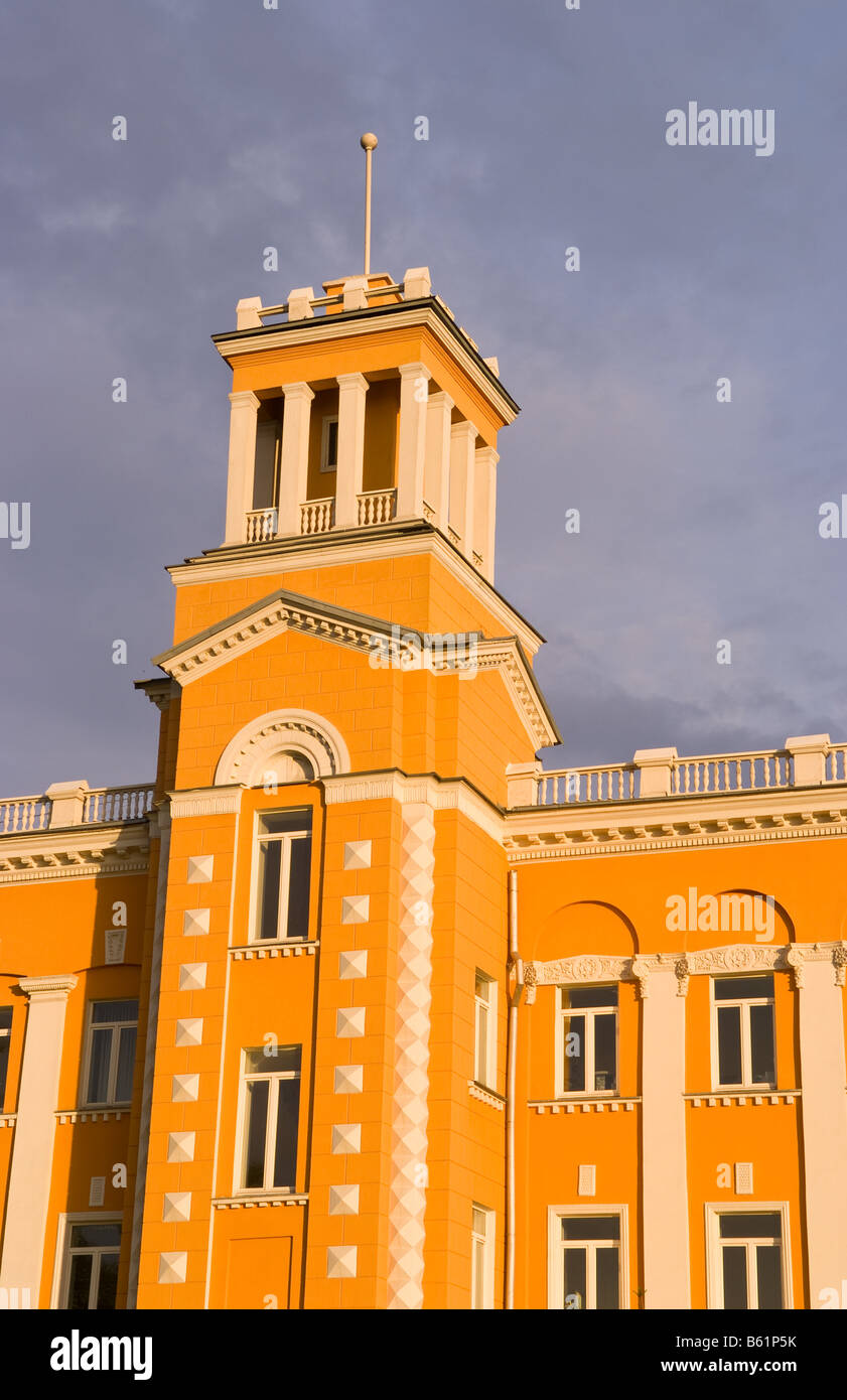Colorful yellow architecture of Russian design downtown in Irkutsk in ...