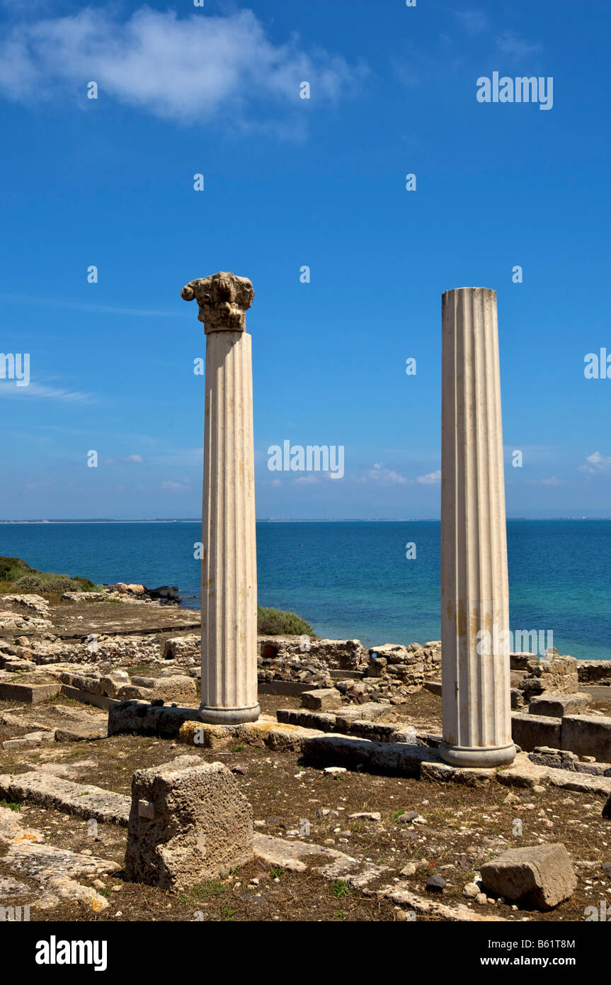 Excavations of Tharros, Roman settlement, two reconstructed columns ...