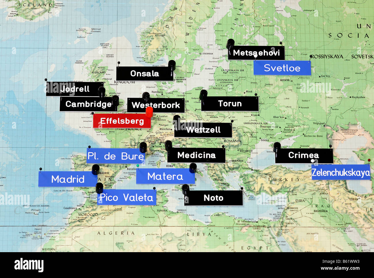 Map of Europe with the position of radio observatories, control room of ...