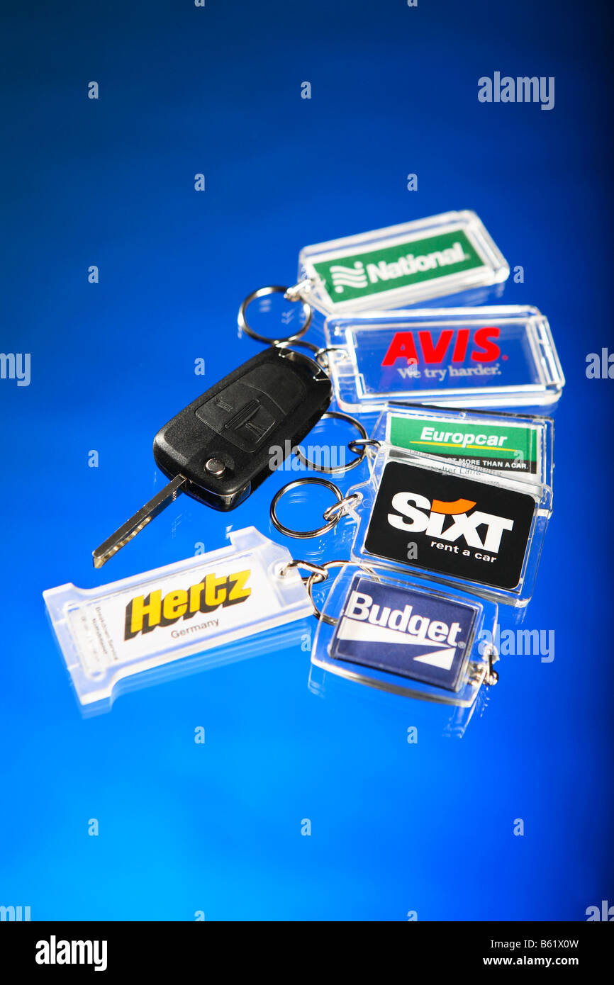 Car keys with key rings from various car rental companies Stock Photo ...
