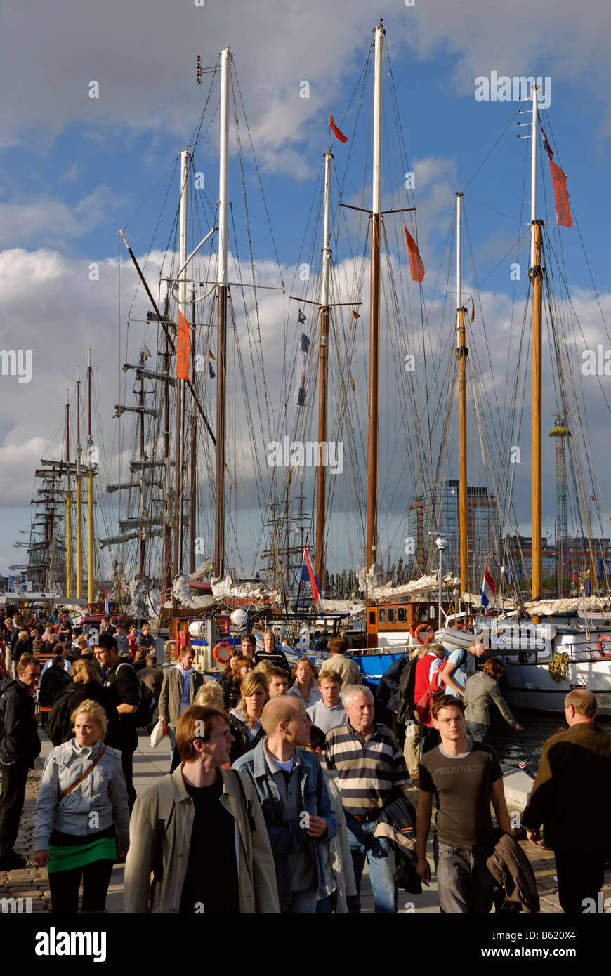 Festival with sailing ships, people at Kiel Week 2008, festival mile on ...