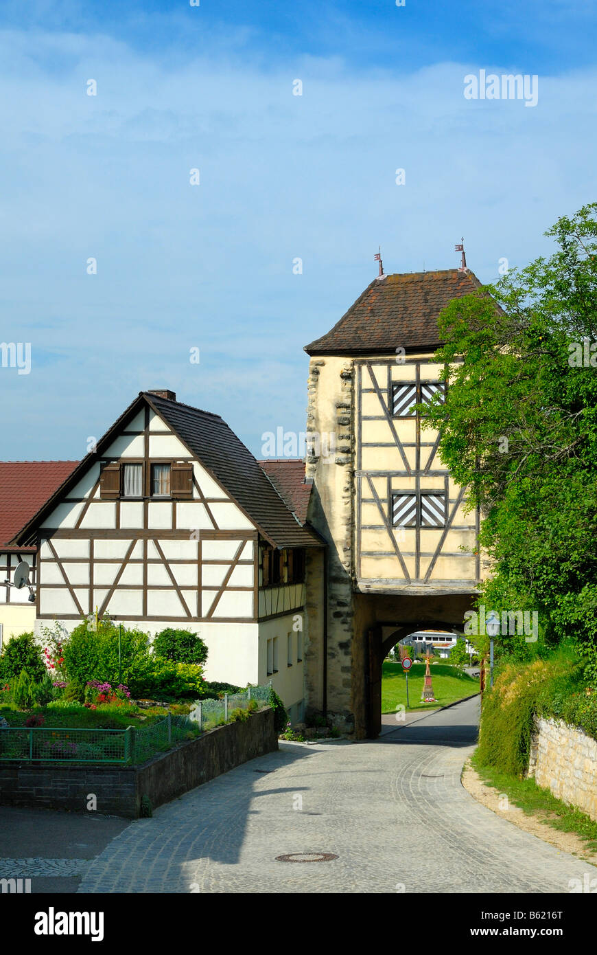 Historic city gate and half-timbered house, Aach, Baden-Wuerttemberg ...