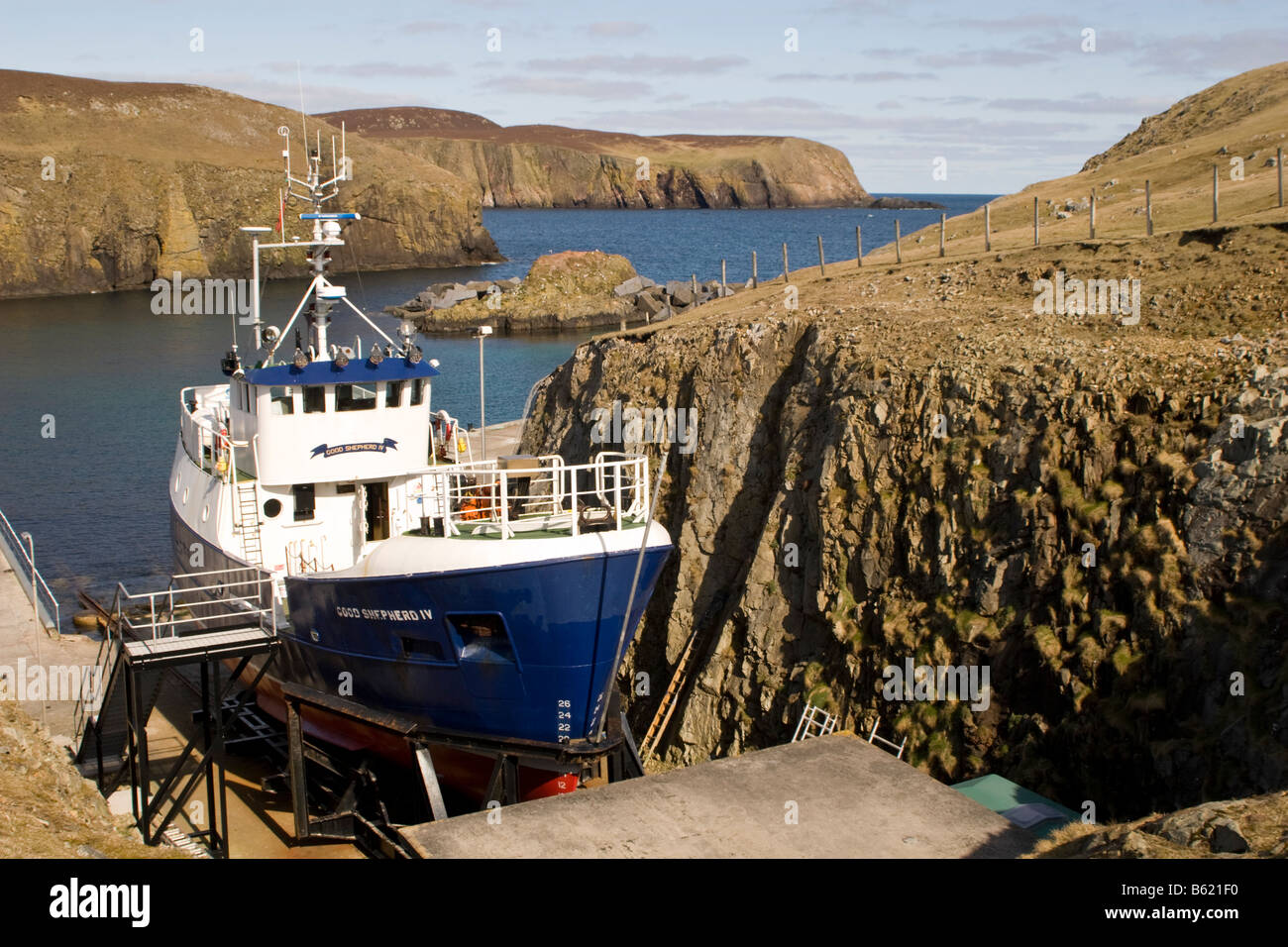 Good Shepherd IV moored in special dock on Fair Isle Shetland Stock ...