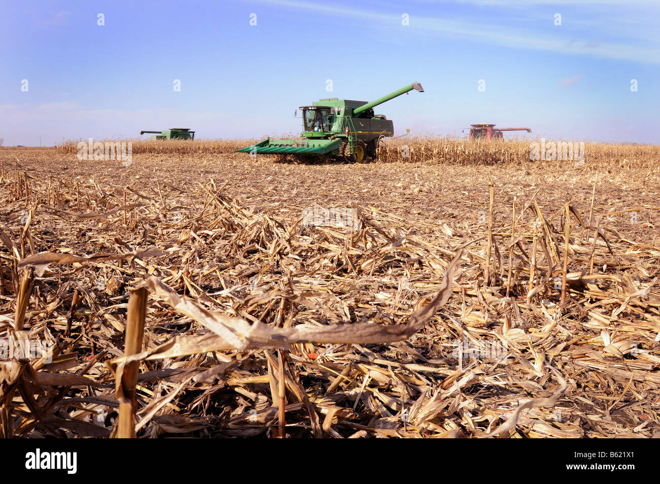 Multiple combines harvest a corn crop in the United States Stock Photo ...
