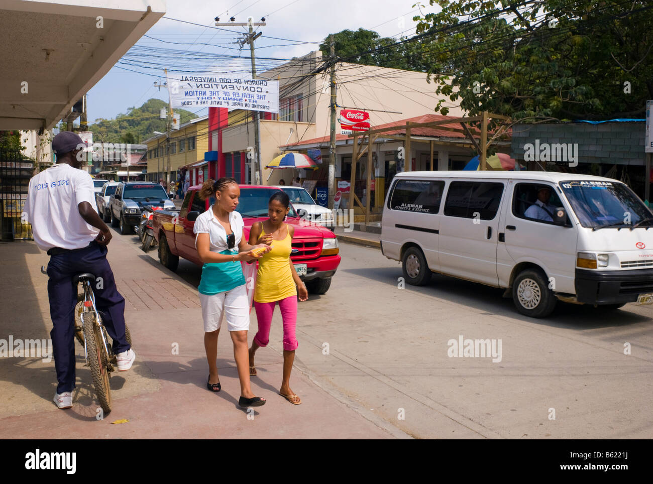 Shops, street in Coxen Hole, capital city, Roatan, Bay Island, Honduras ...