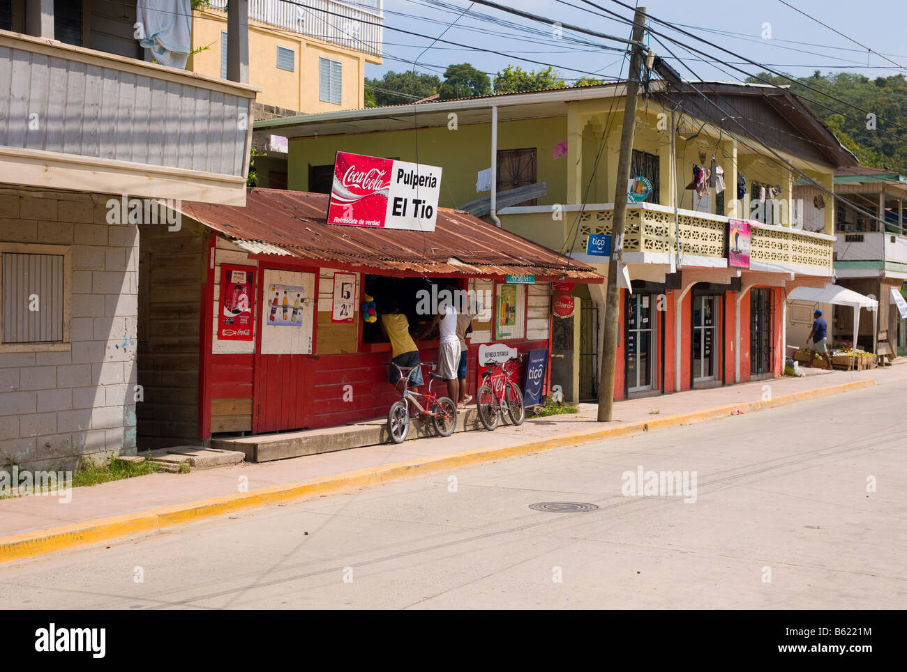 Shops, street in Coxen Hole, capital city, Roatan, Bay Island, Honduras ...