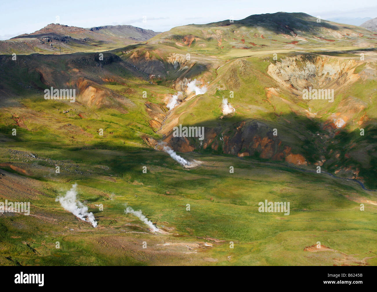 Aerial view of the geothermal region of Hveragerthi, Hveragerdi, with ...