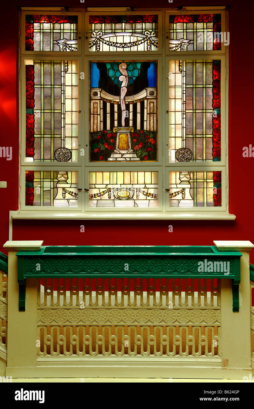 Art nouveau window behind a banister in a villa at Lake Wannsee, Berlin ...