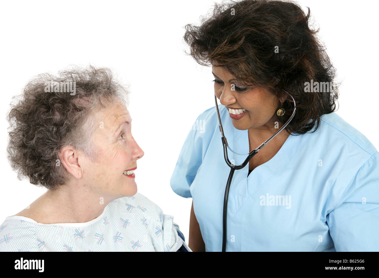 A caring nurse or doctor with a trusting patient White background Stock ...