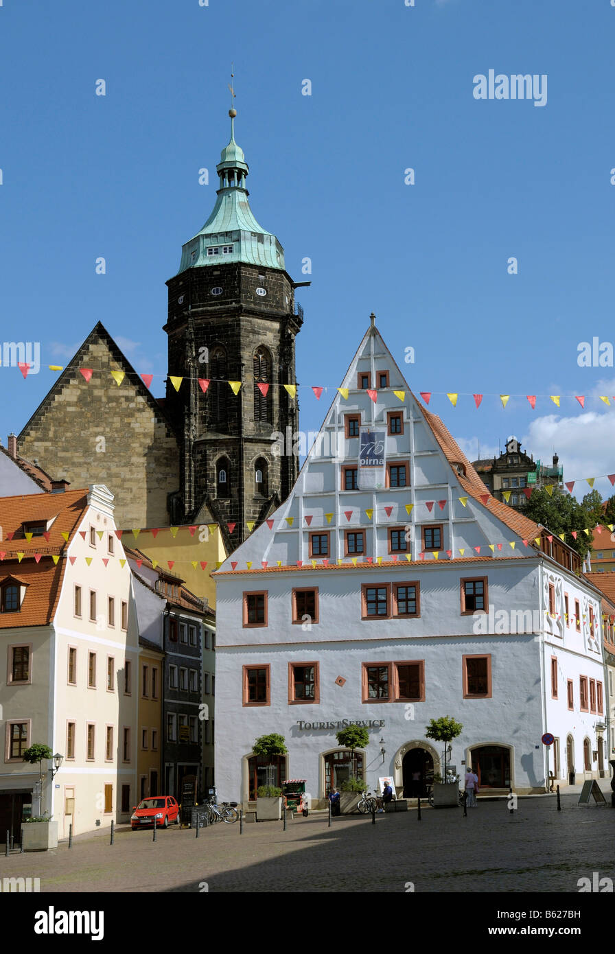 Market, Canaletto house, St Marien parish church, Pirna, Saxony ...