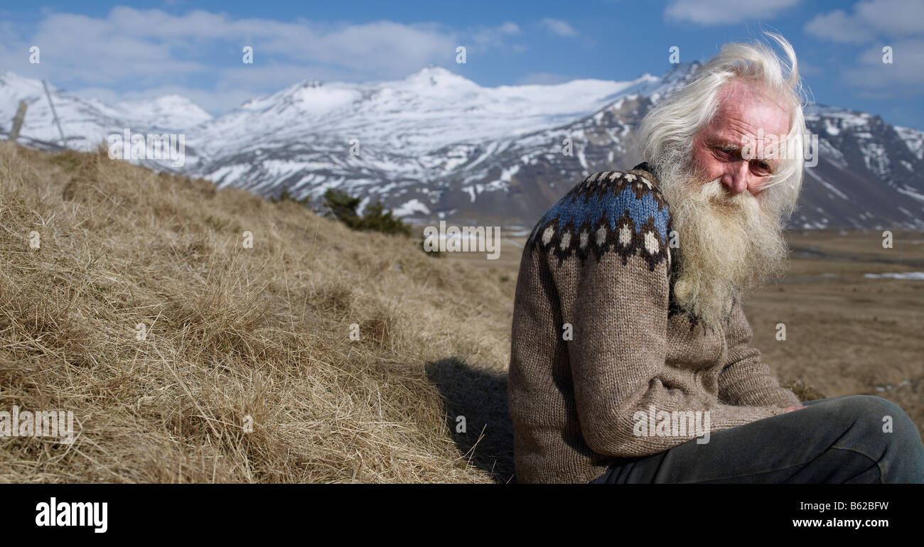Senior farmer with long white beard, Hornafjordur fjord, Eastern ...