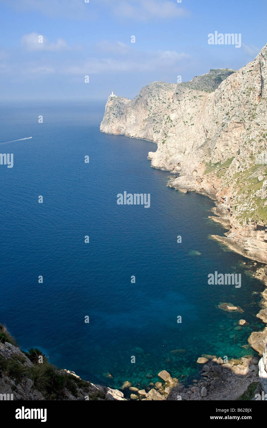 Cape Formentor and its lighthouse above sea cliffs, Majorca, Balearic ...