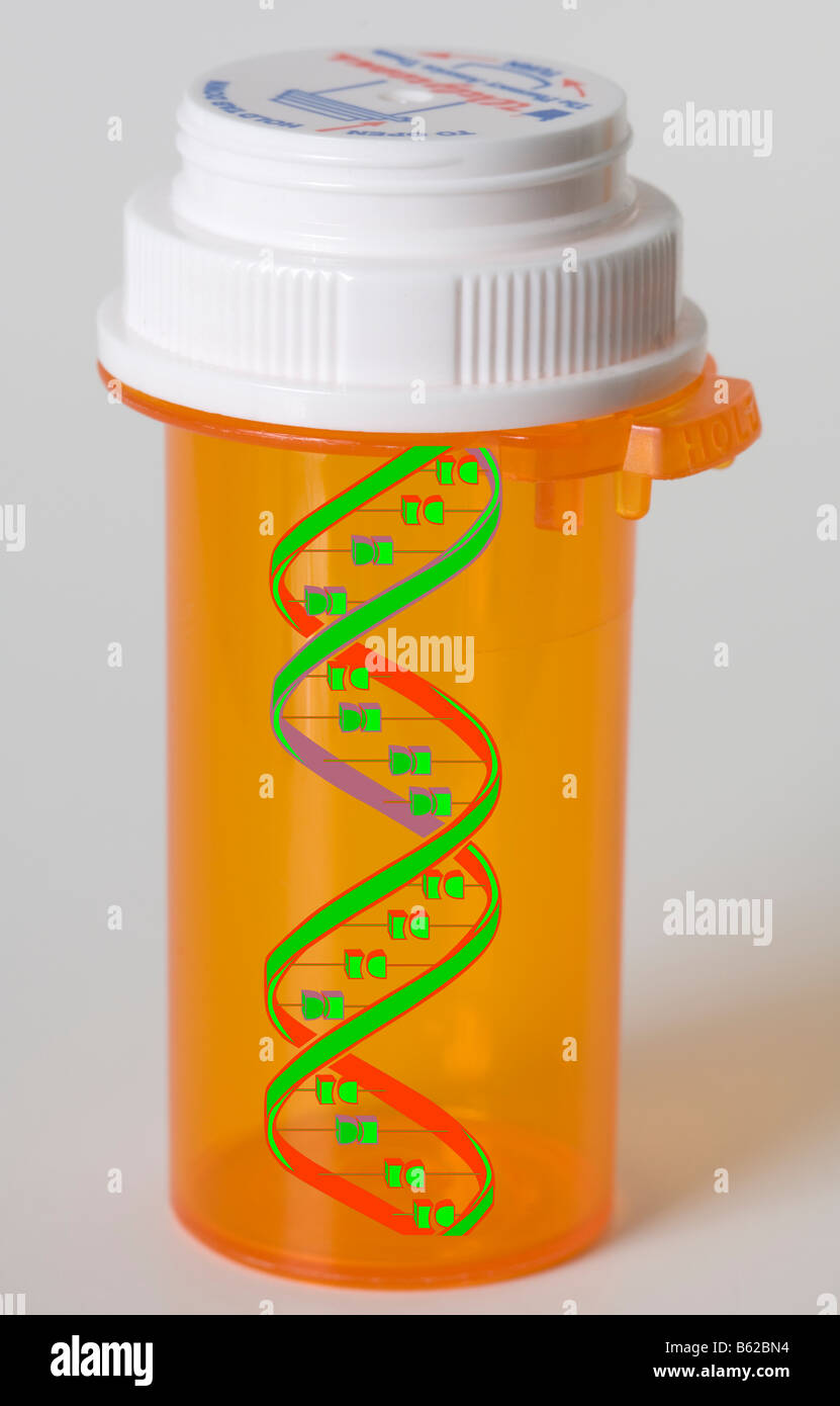 computer generated DNA double helix contained in prescription bottle ...