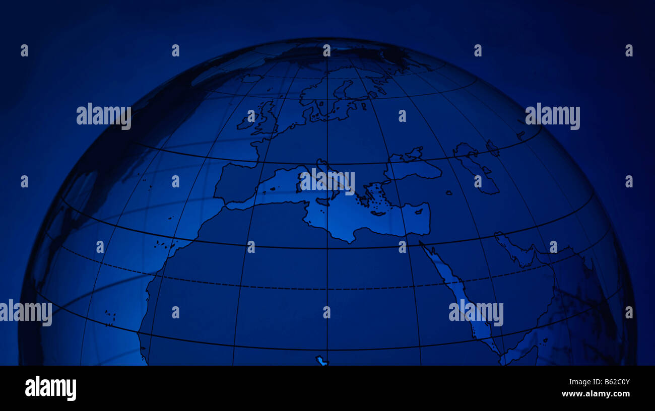 Transparent globe in front of blue backdrop, northern hemisphere Stock ...