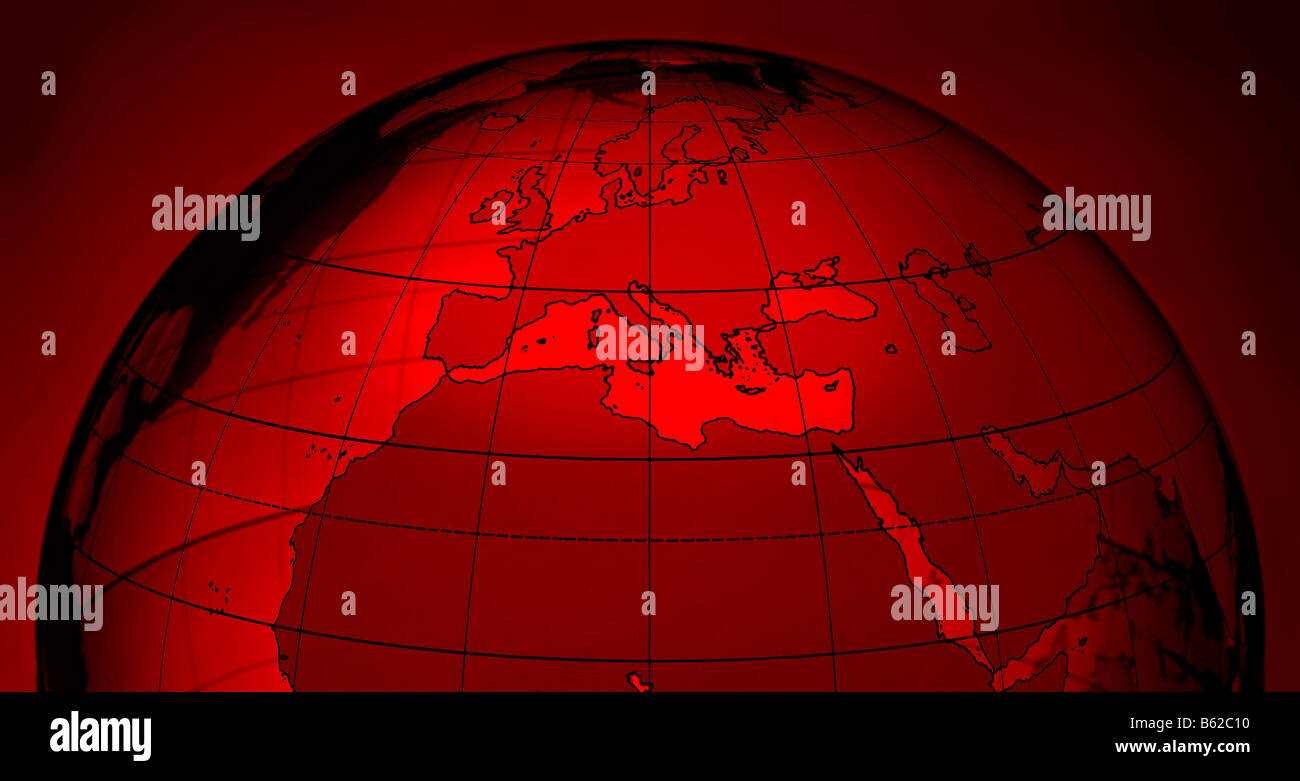 Transparent globe in front of red backdrop, northern hemisphere Stock ...