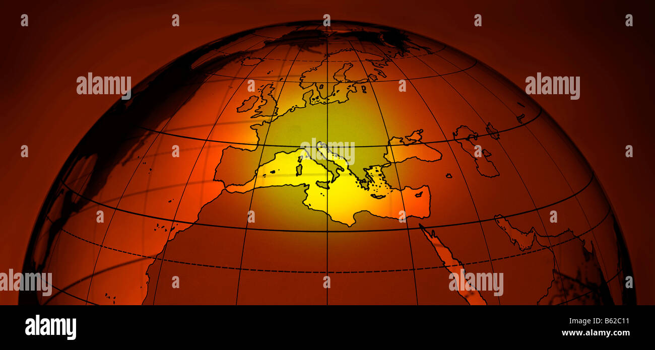 Transparent globe in front of orange backdrop, northern hemisphere ...