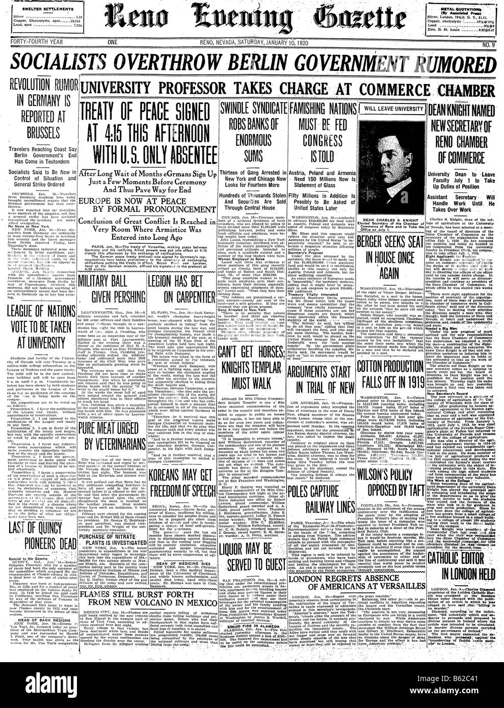 Front page of a 1920 US newspaper about the WW1 peace treaty at ...