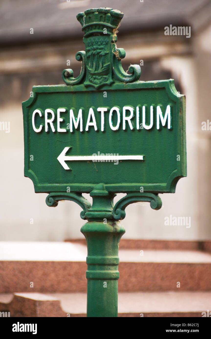Sign leading to the crematorium in a cemetery, Cimetiere du Pere ...