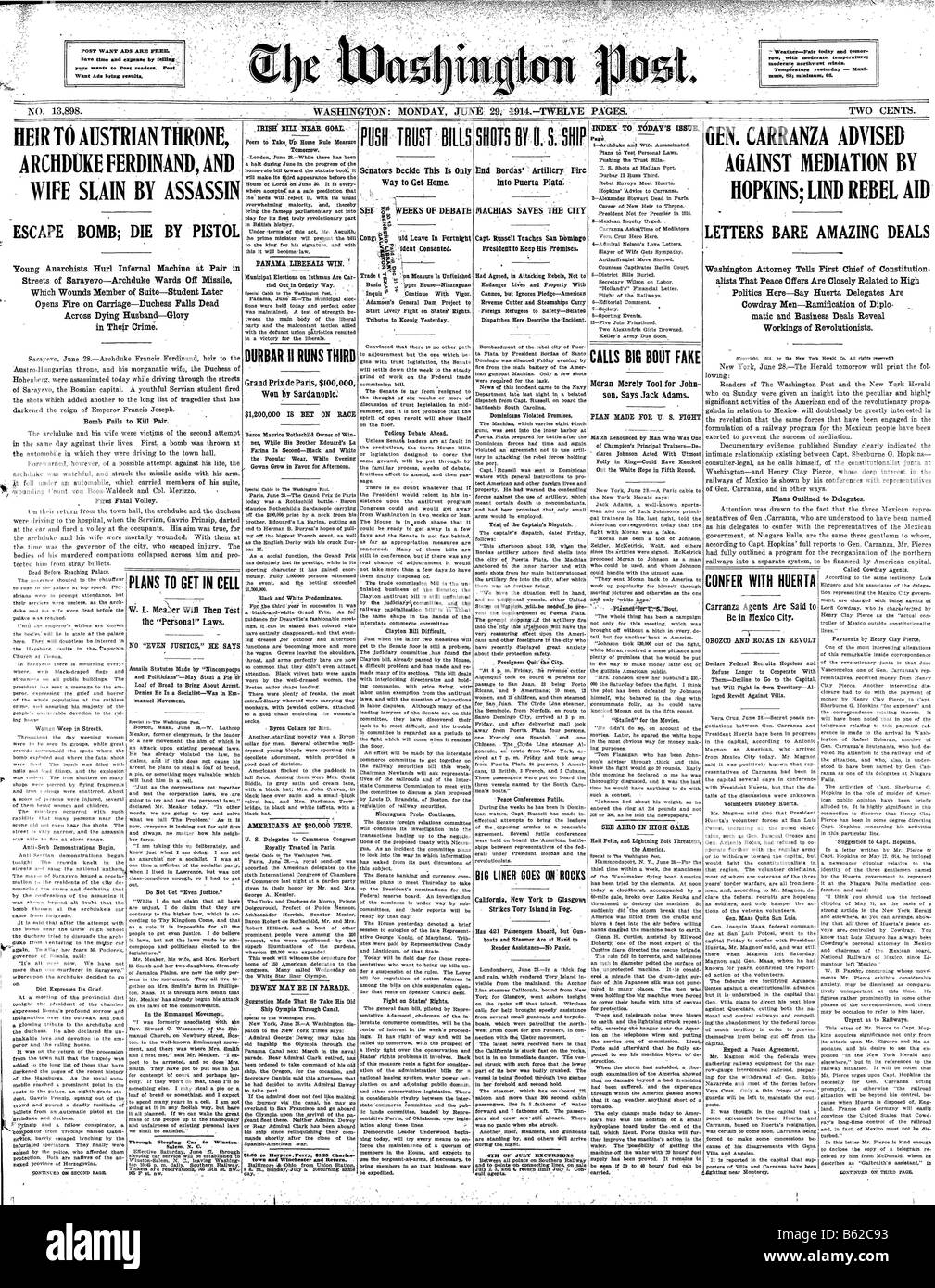 Front page of a 1914 US newspaper about the start of World war One ...
