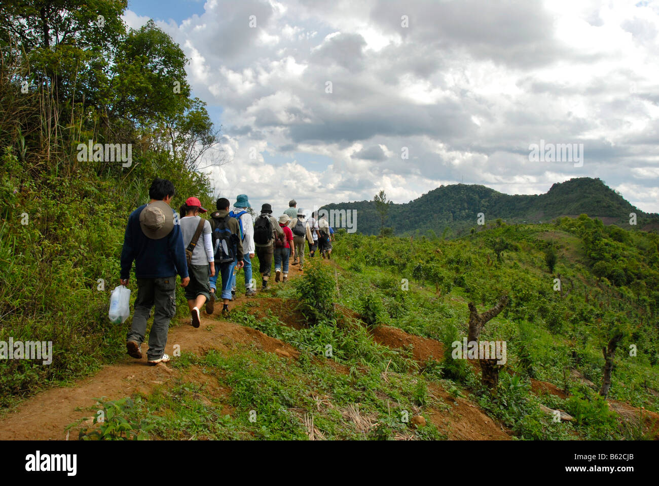 Tourists on a trekking tour in front of the Phu Fa Mountain, Phongsali ...
