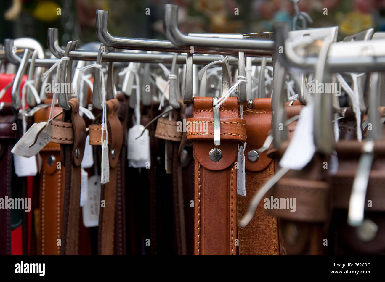 Rack of Leather belts with price tags Riva del Garda Lake Garda Italy ...