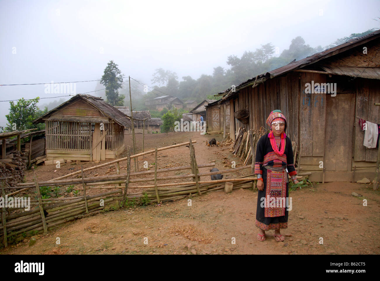 Young woman of the Akha Pala tribe wearing traditional colourful ...