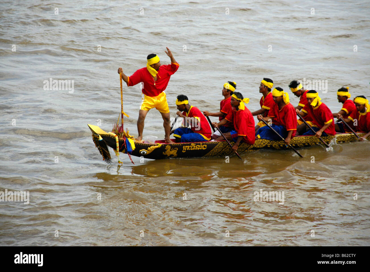 Big rowing boat with many rowers and the leading steering man, Water ...