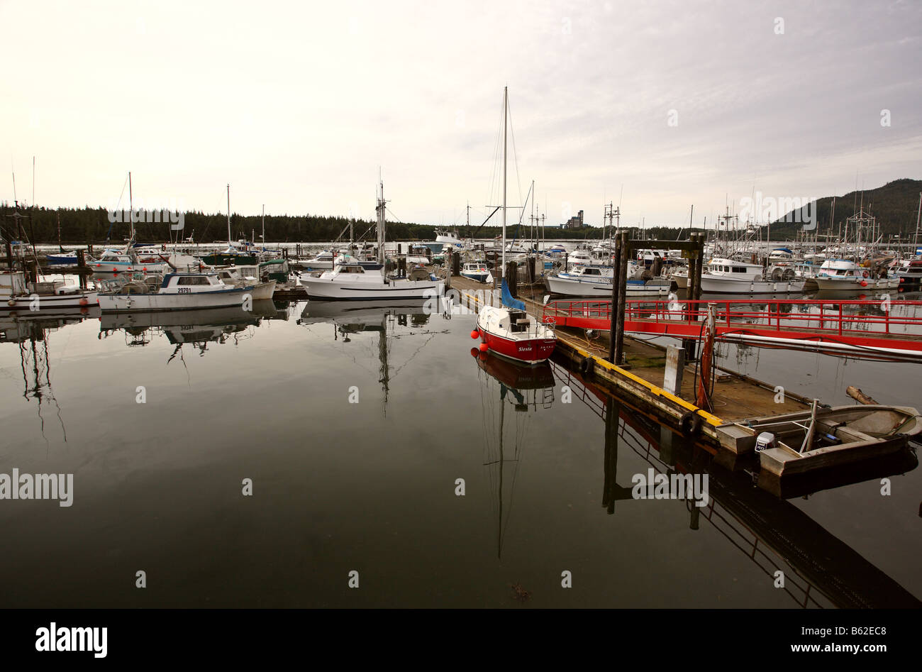 Docked yacht and fishing boats at Port Edward British Columbia Stock ...