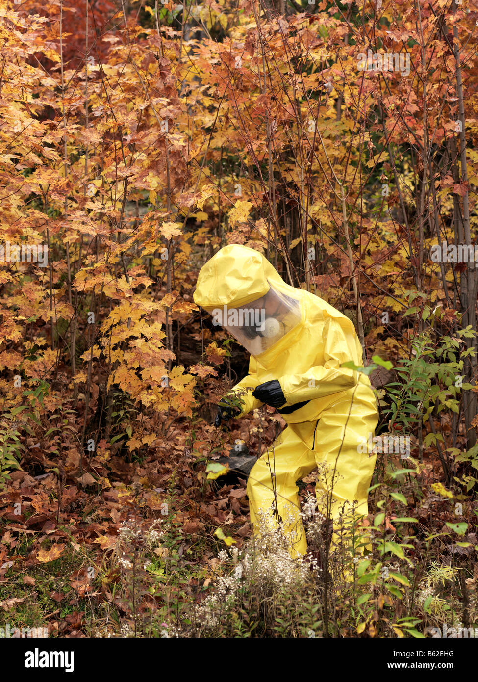 43 year old asian male in a hazmat suit and gas mask outdoors with the ...