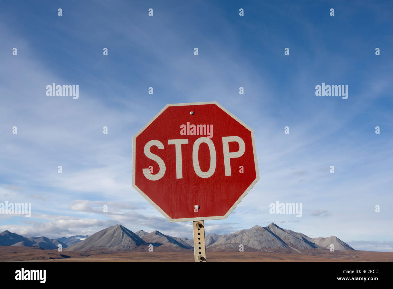 USA Alaska Stop sign along Dalton Highway in Brooks Range near Atigun ...