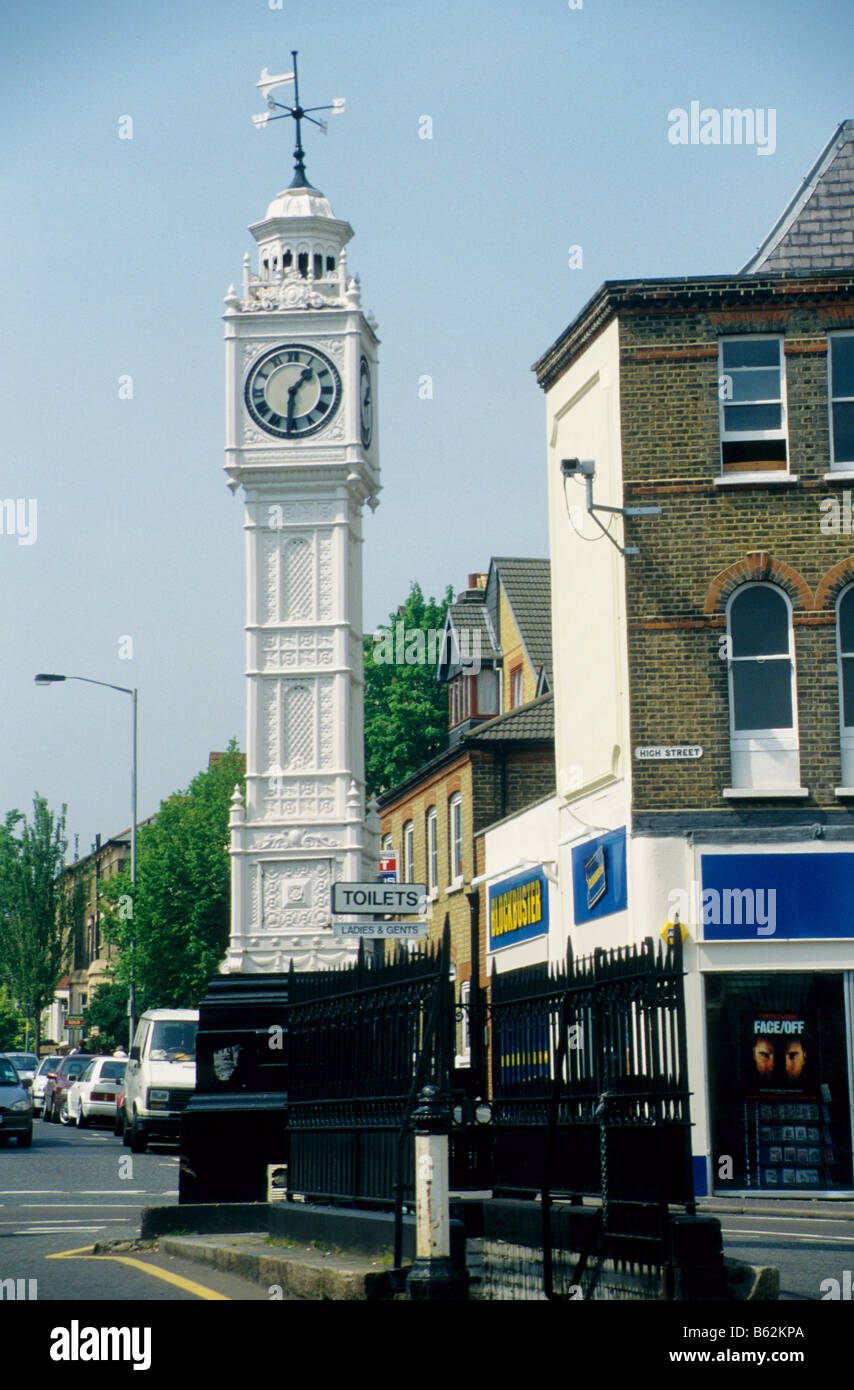 South Norwood, London. Cast iron clock tower of 1907, at the corner of ...