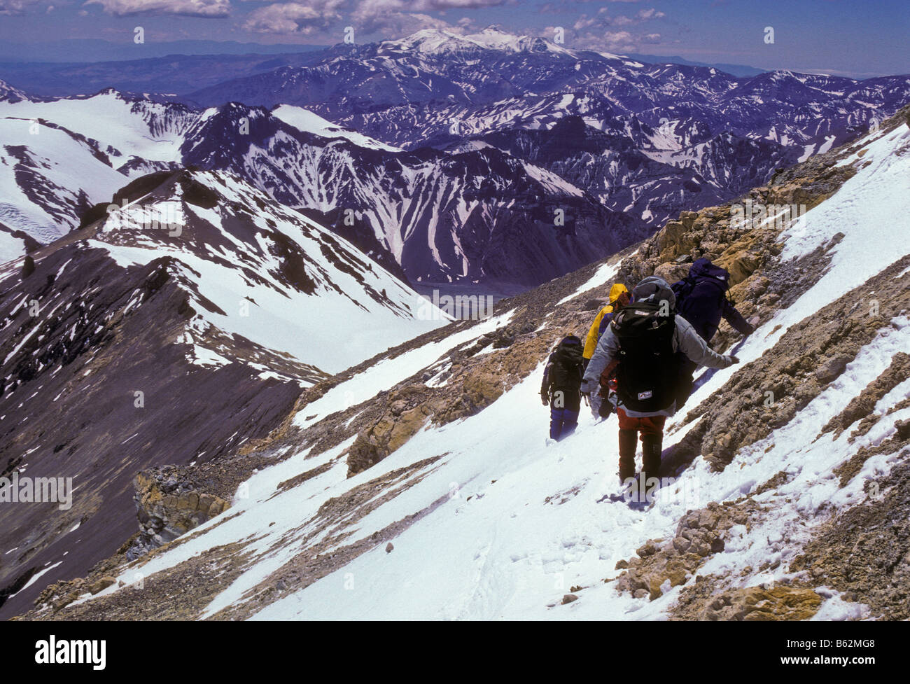 Climbers descend the upper slopes of Cerro Aconcagua, Andes Mountains ...