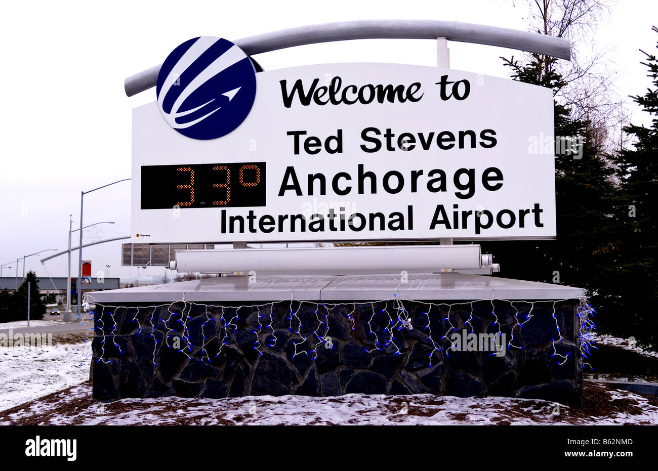 Entrance in snow and cold of Senator Ted Stevens International Airport ...