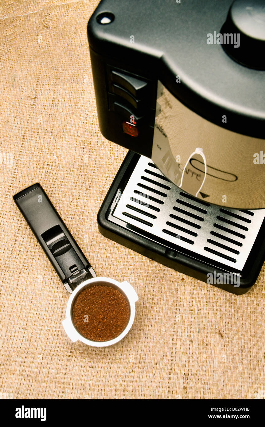 High angle view of a coffee maker and a sieve of coffee powder Stock ...