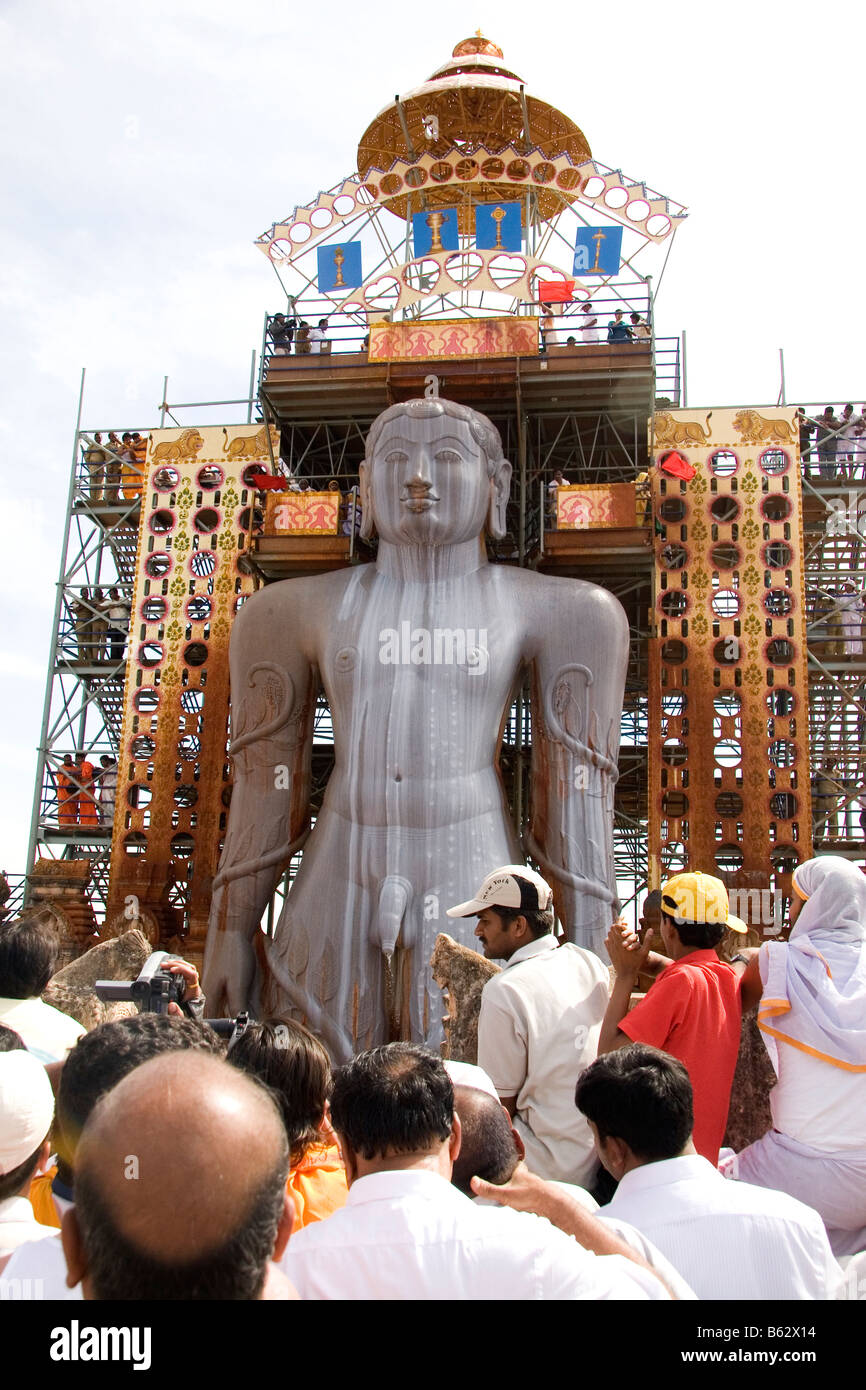 Liquid is poured over the statue of Gomateshvara (a.k.a. Lord Bahubali ...