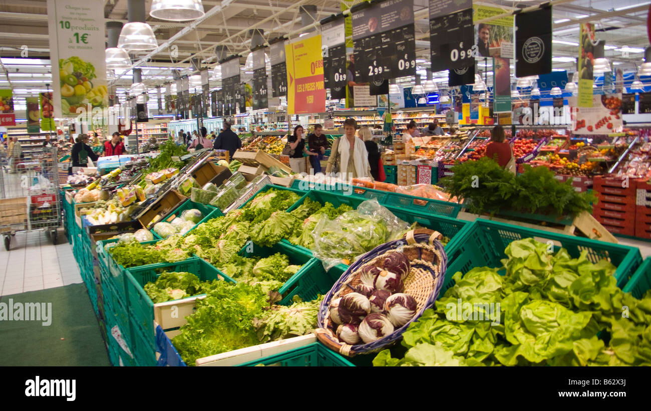 Vegetable section in a French supermarket La Rochelle Charente Maritime ...