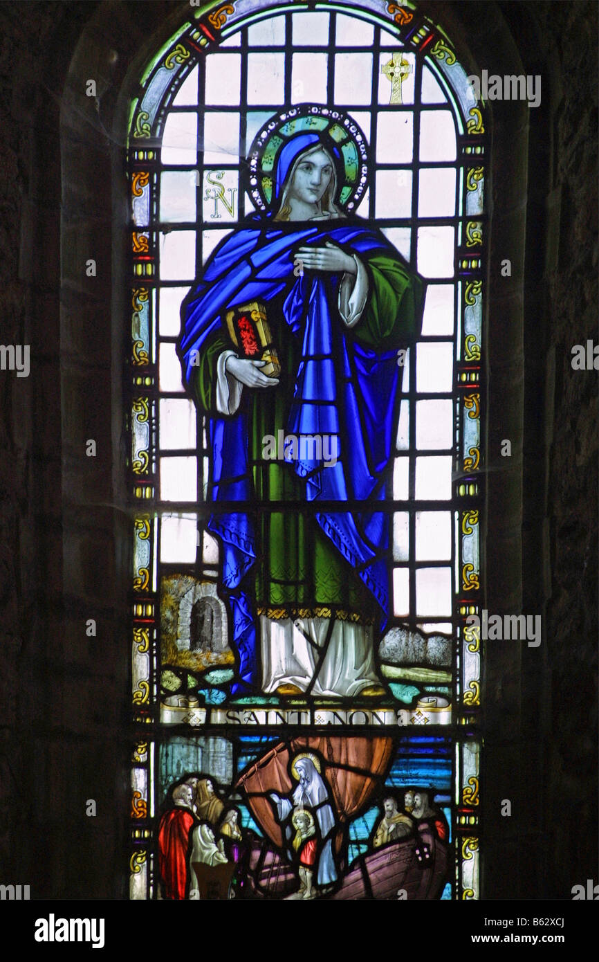 Stainglass window of Saint Non, St Non's Chapel with Blue sky. St ...